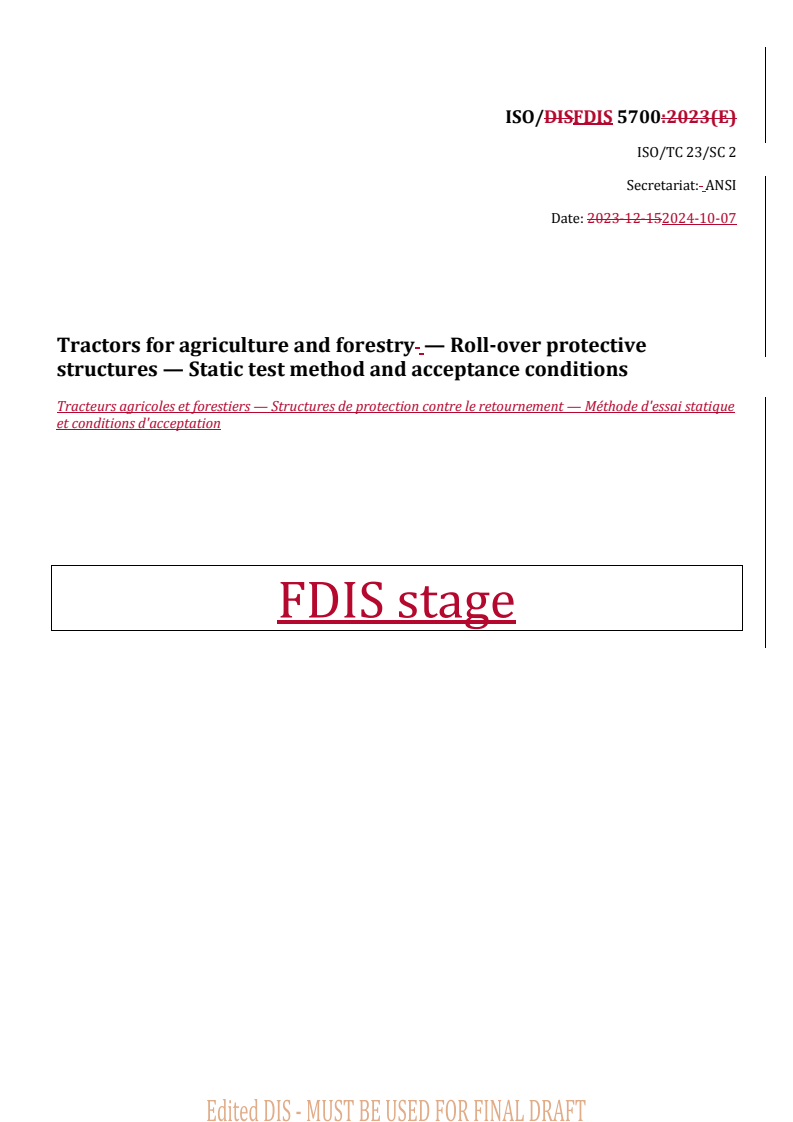 ISO/FDIS 5700 - Tractors for agriculture and forestry — Roll-over protective structures — Static