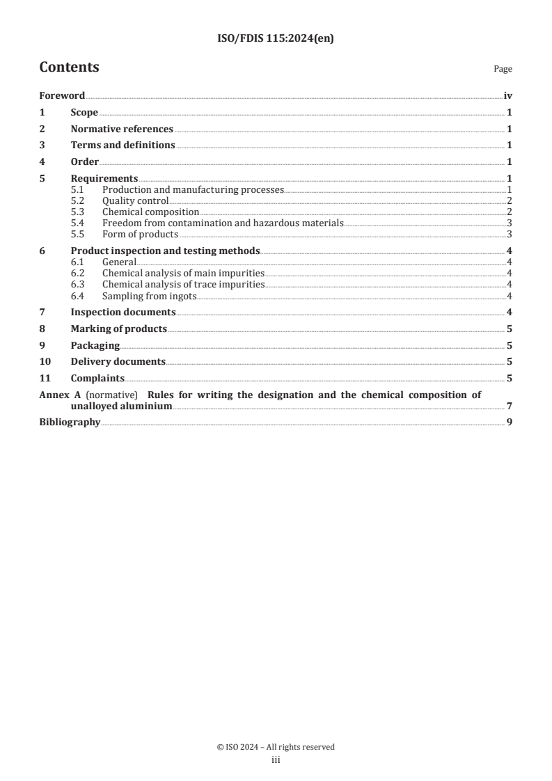 ISO/FDIS 115 - Unalloyed aluminium ingots for remelting — Classification and composition