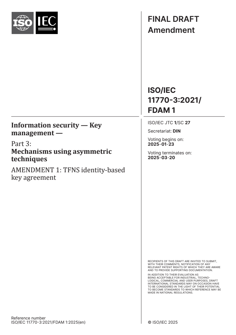 ISO/IEC 11770-3:2021/FDAmd 1 - Information security — Key management — Part 3: Mechanisms using