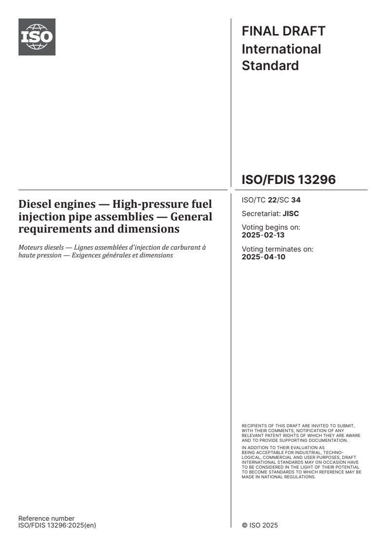 ISO/FDIS 13296 - Diesel engines — High-pressure fuel injection pipe assemblies — General