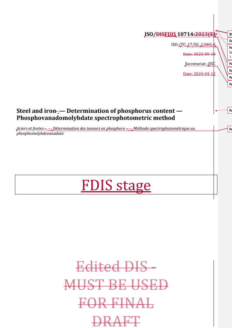 ISO/FDIS 10714 - Steel and iron — Determination of phosphorus content — Phosphovanadomolybdate
