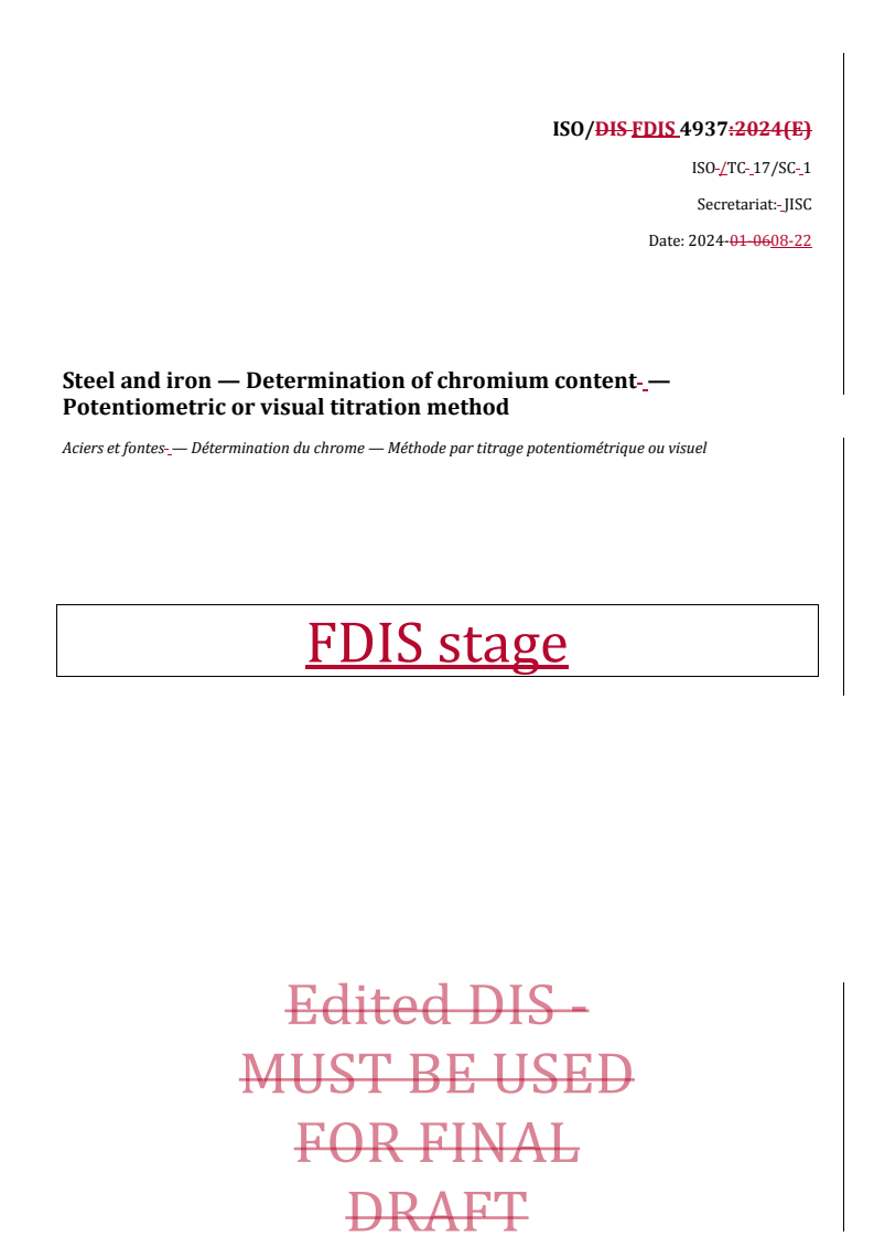 ISO/FDIS 4937 - Steel and iron — Determination of chromium content — Potentiometric or visual