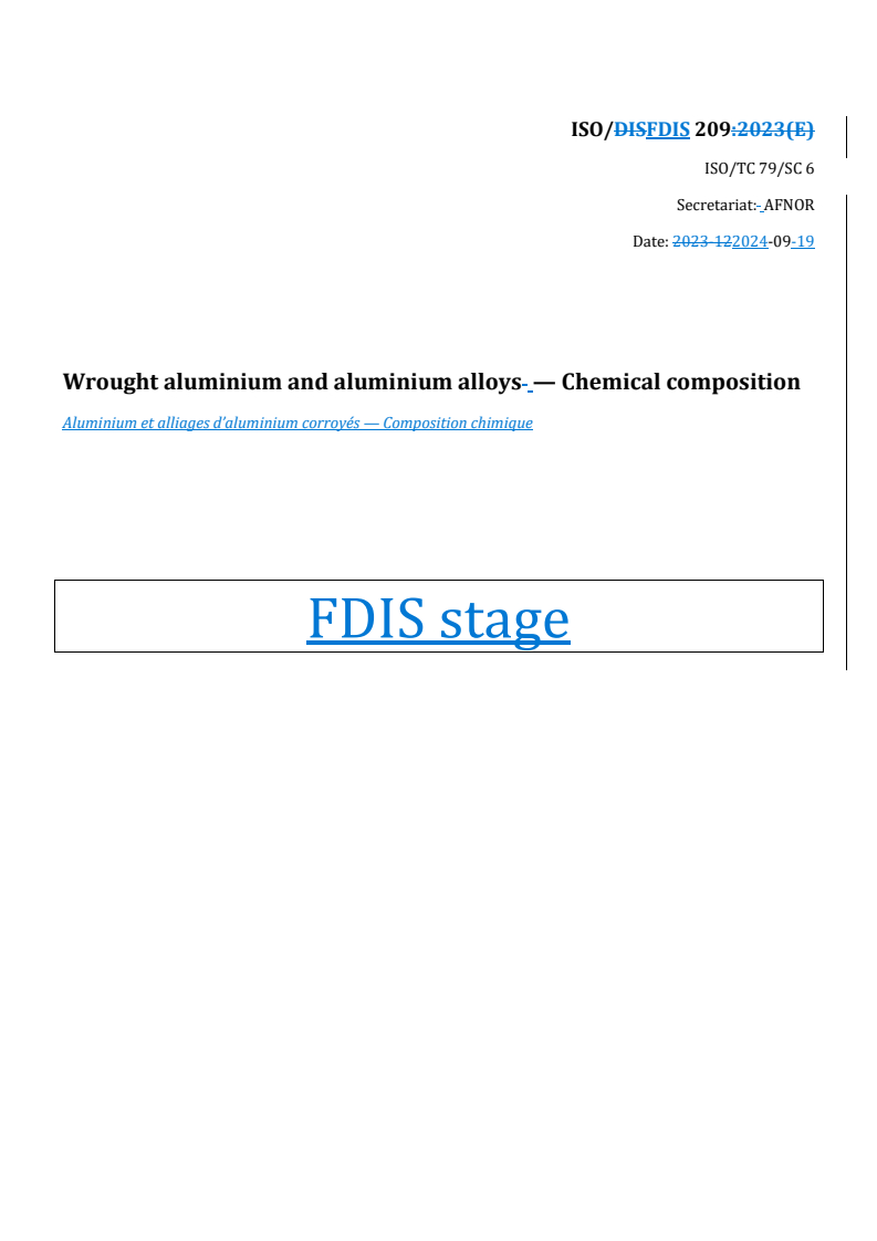 ISO/FDIS 209 - Wrought aluminium and aluminium alloys — Chemical composition