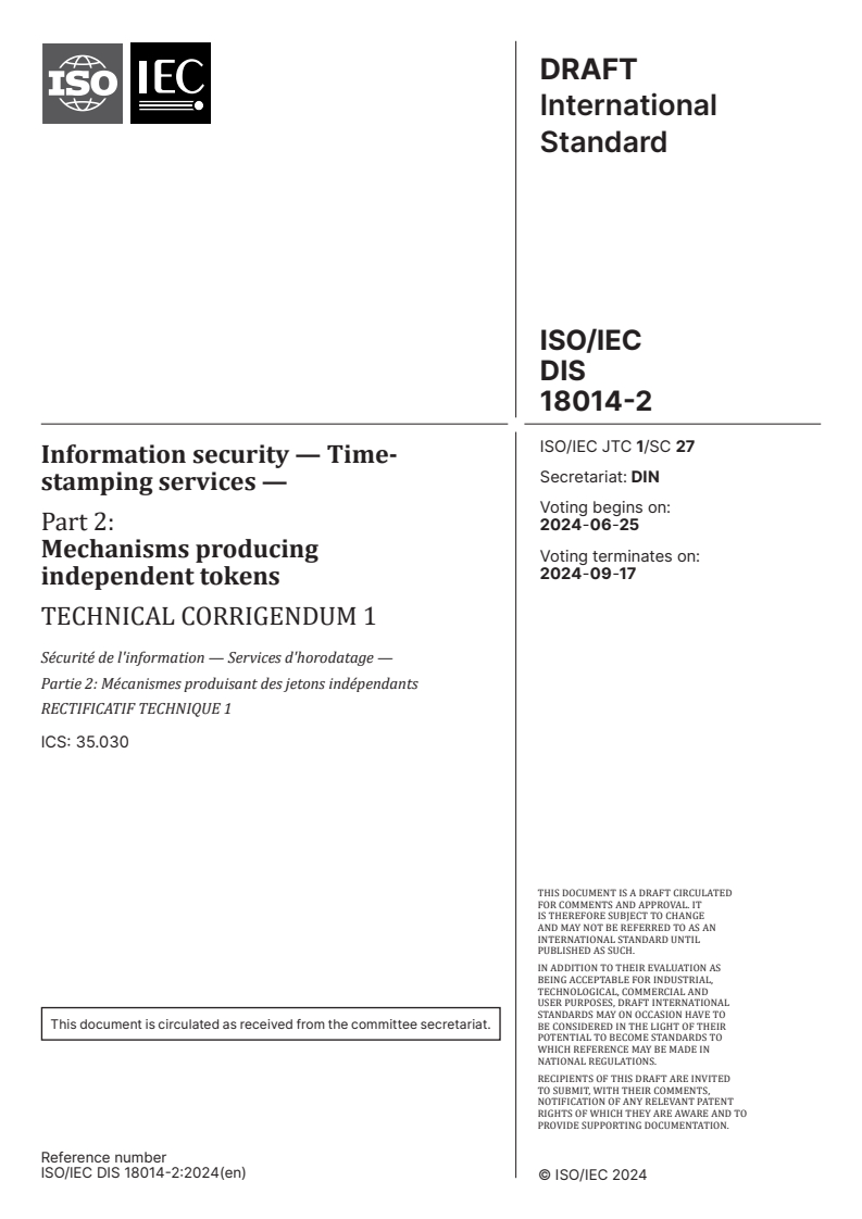 ISO/IEC 18014-2:2021/DCor 1 - Information security — Time-stamping services — Part 2: Mechanisms