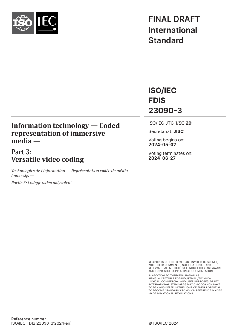 ISO/IEC FDIS 23090-3 - Information technology — Coded representation of immersive media — Part 3: