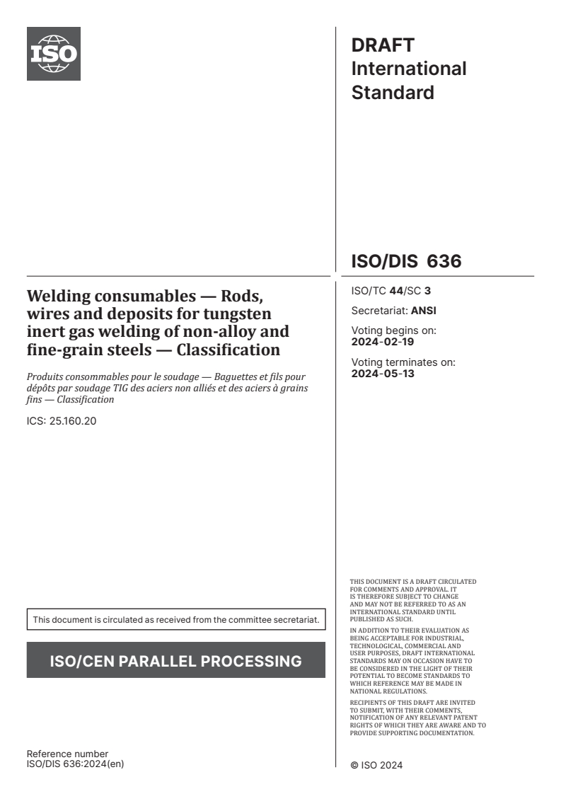 ISO 636 - Welding consumables — Rods, wires and deposits for tungsten inert gas welding of non-alloy