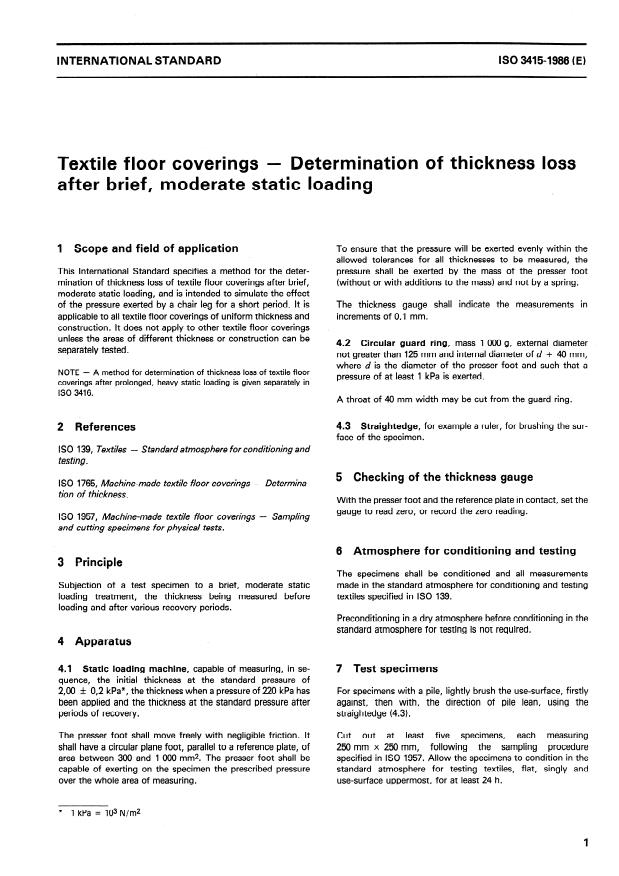 ISO 3415:1986 - Textile floor coverings — Determination of thickness loss after brief, moderate