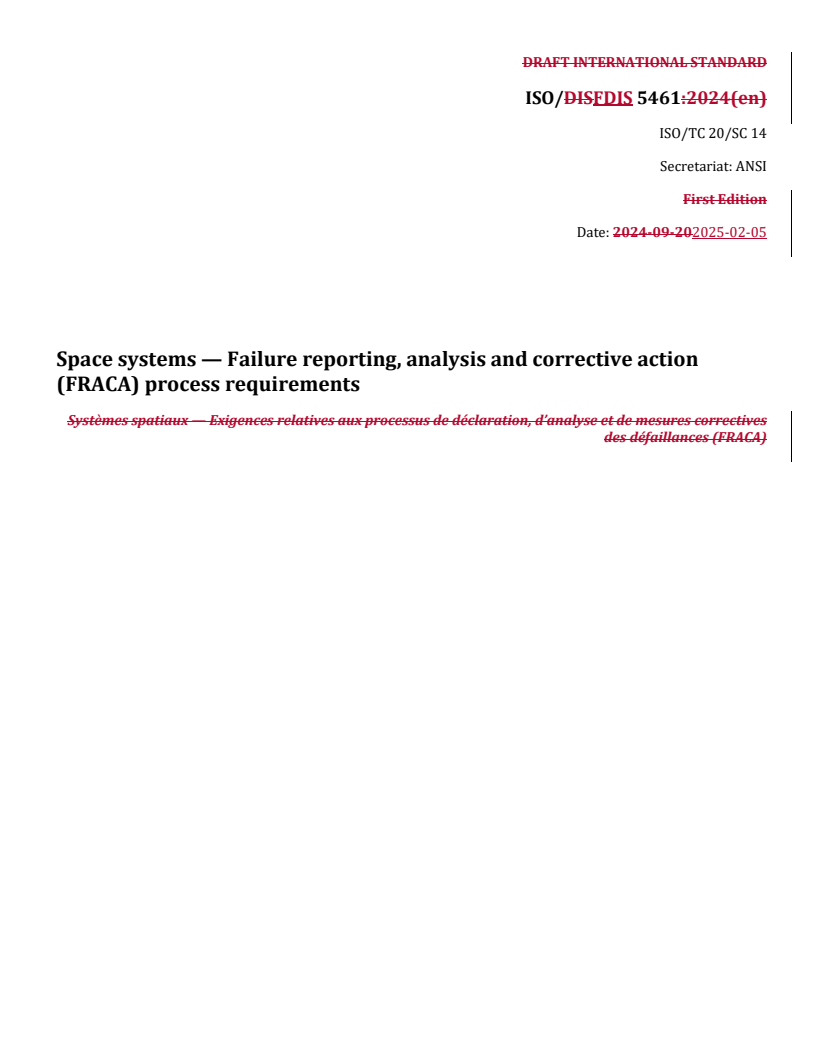 ISO 5461 - Space systems — Failure reporting, analysis and corrective action (FRACA) process