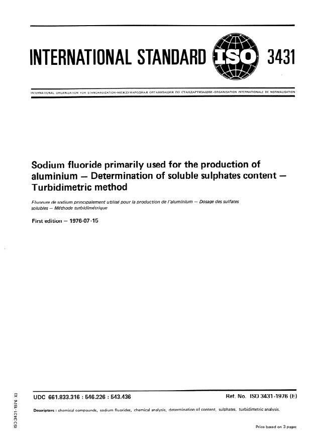 ISO 3431:1976 - Sodium fluoride primarily used for the production of aluminium — Determination of