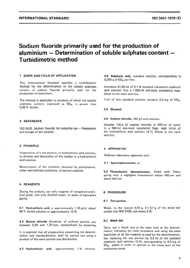 ISO 3431:1976 - Sodium fluoride primarily used for the production of aluminium — Determination of