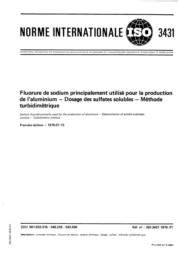 ISO 3431:1976 - Sodium fluoride primarily used for the production of aluminium — Determination of