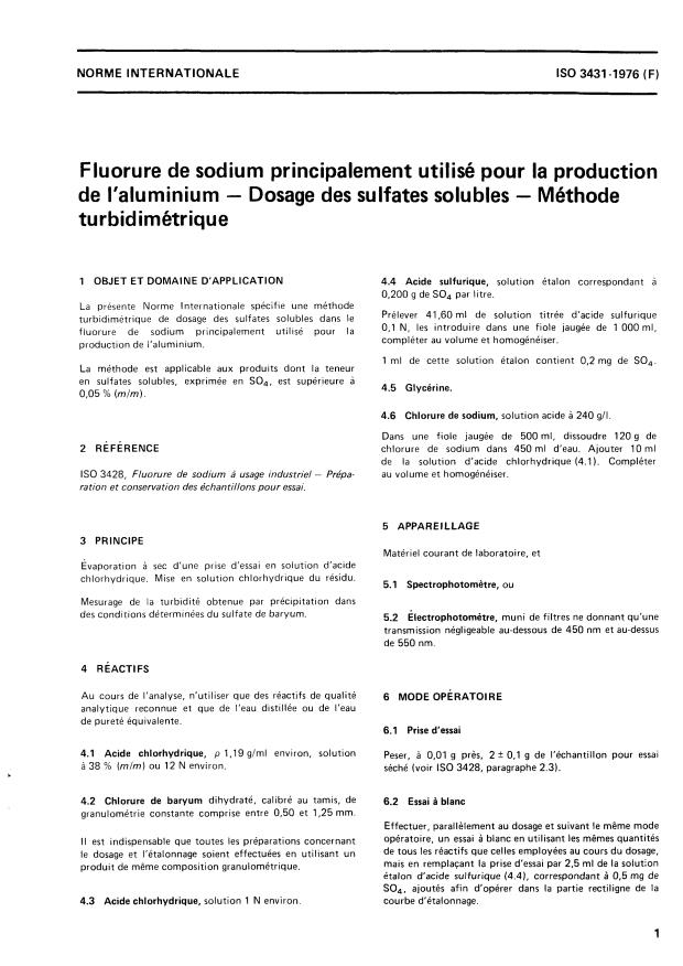 ISO 3431:1976 - Sodium fluoride primarily used for the production of aluminium — Determination of