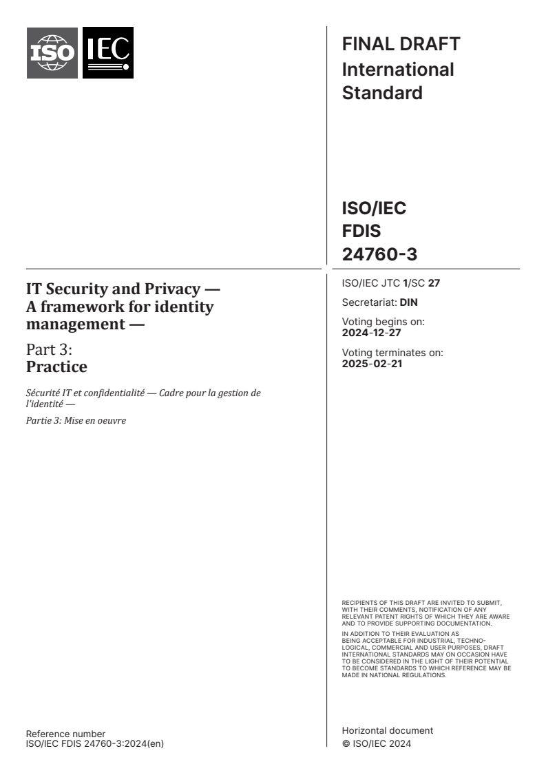 ISO/IEC 24760-3 - Information security, cybersecurity and privacy protection — A framework for