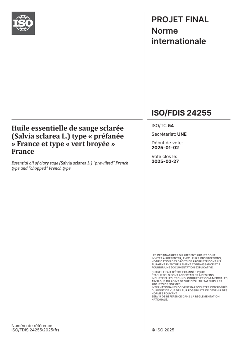 ISO/FDIS 24255 - Essential oil of clary sage (Salvia sclarea L.) "prewilted" French type and