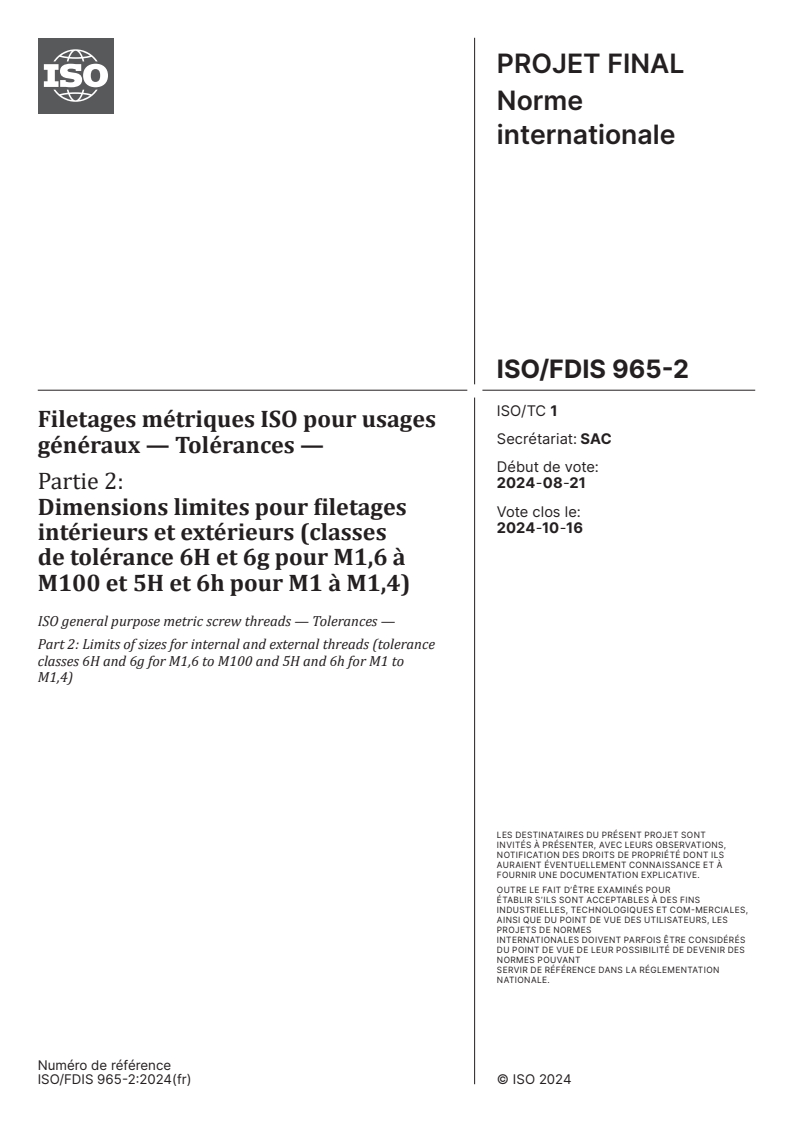 ISO 965-2 - ISO general purpose metric screw threads — Tolerances — Part 2: Limits of sizes for
