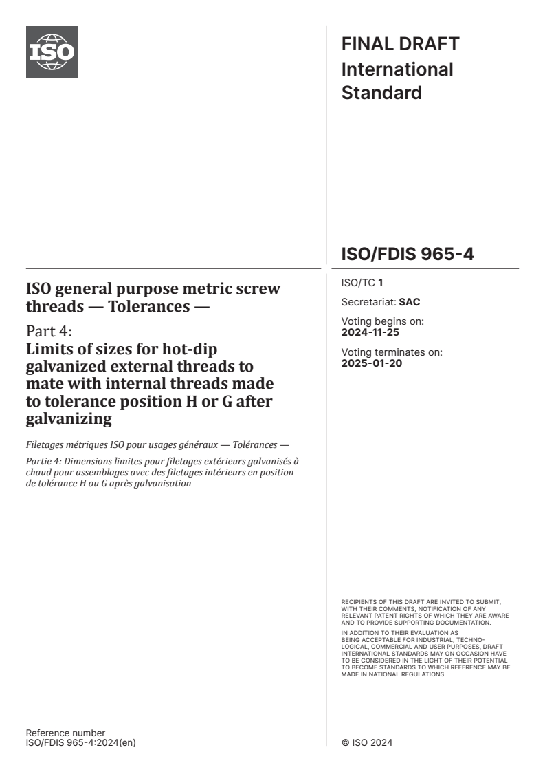 ISO/FDIS 965-4 - ISO general purpose metric screw threads — Tolerances — Part 4: Limits of sizes for