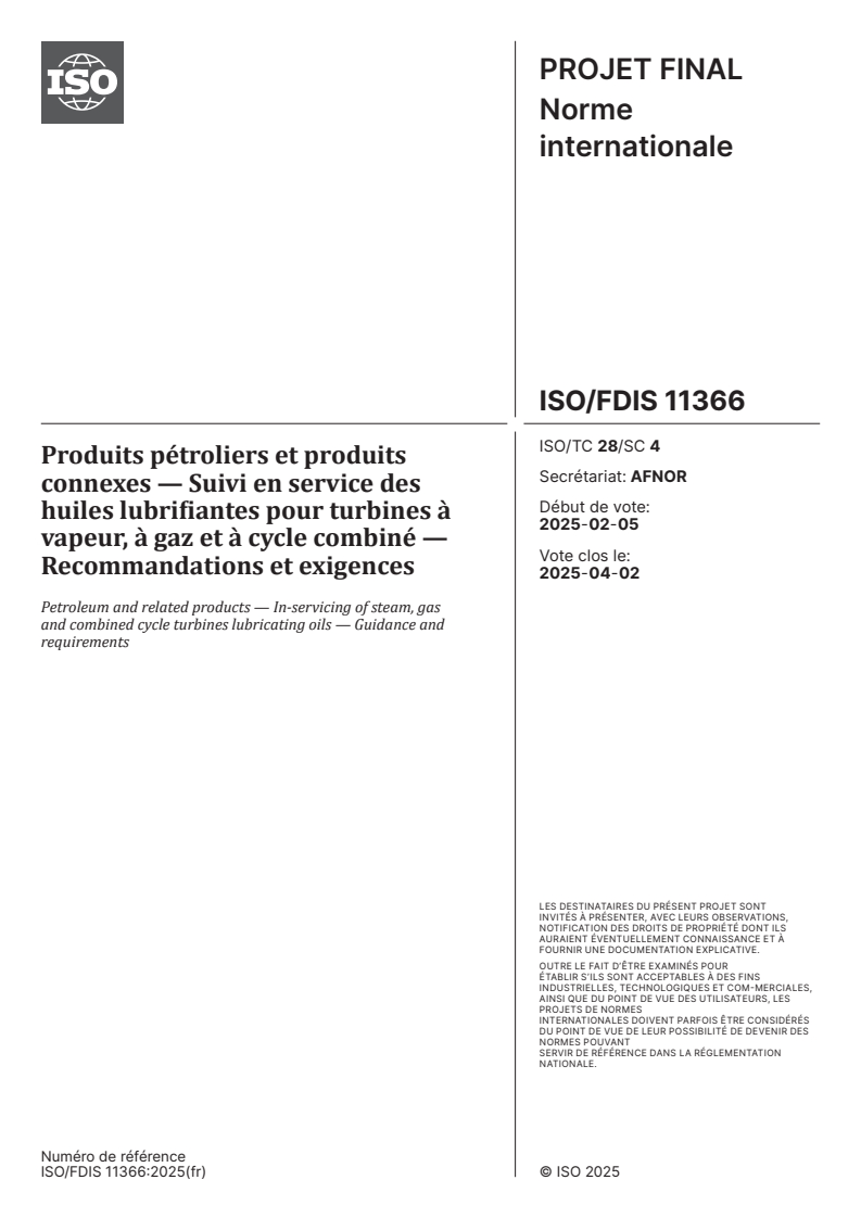 ISO/FDIS 11366 - Petroleum and related products — In-servicing of steam, gas and combined cycle