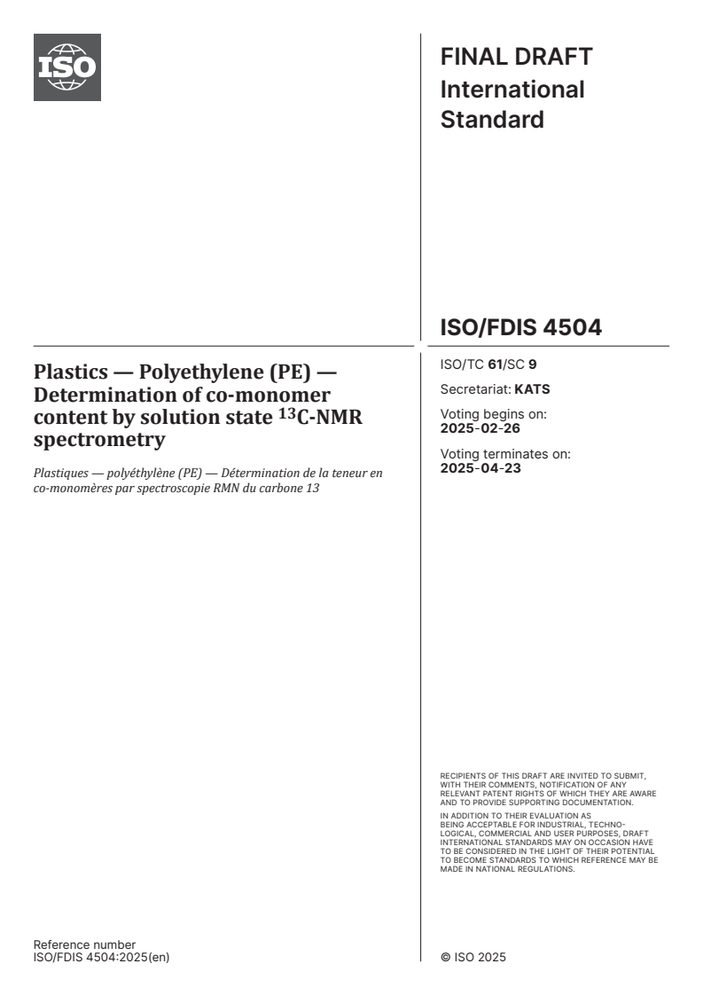 ISO/FDIS 4504 - Plastics — Polyethylene (PE) — Determination of co ...