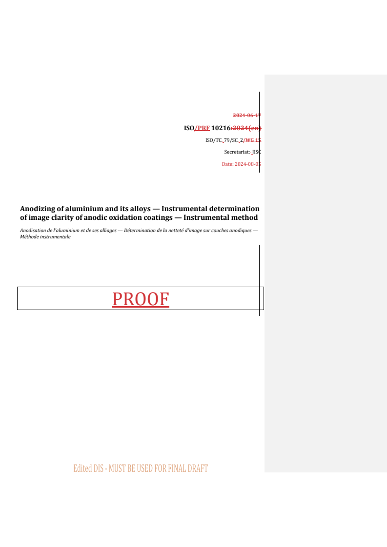 ISO/PRF 10216 - Anodizing of aluminium and its alloys — Instrumental determination of image clarity