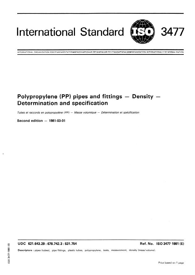 ISO 3477:1981 - Polypropylene (PP) pipes and fittings — Density ...