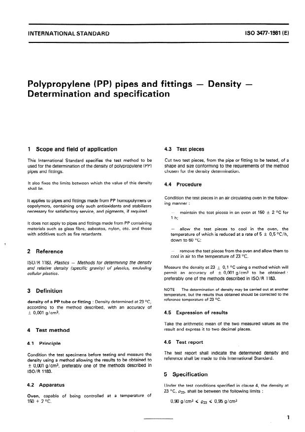 ISO 3477:1981 - Polypropylene (PP) pipes and fittings — Density ...