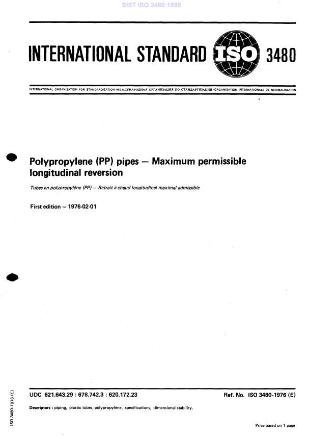 ISO 3480:1976 - Polypropylene (PP) pipes — Maximum permissible longitudinal reversion