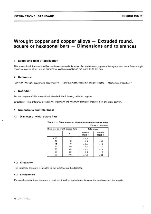ISO 3488:1982 - Wrought copper and copper alloys — Extruded round, square or hexagonal bars