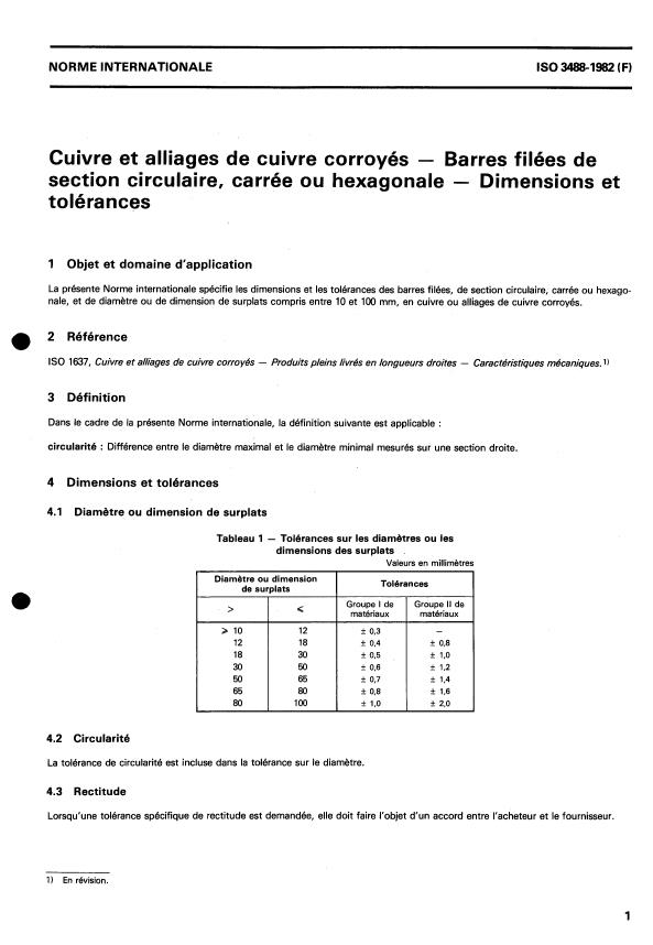 ISO 3488:1982 - Wrought copper and copper alloys — Extruded round, square or hexagonal bars