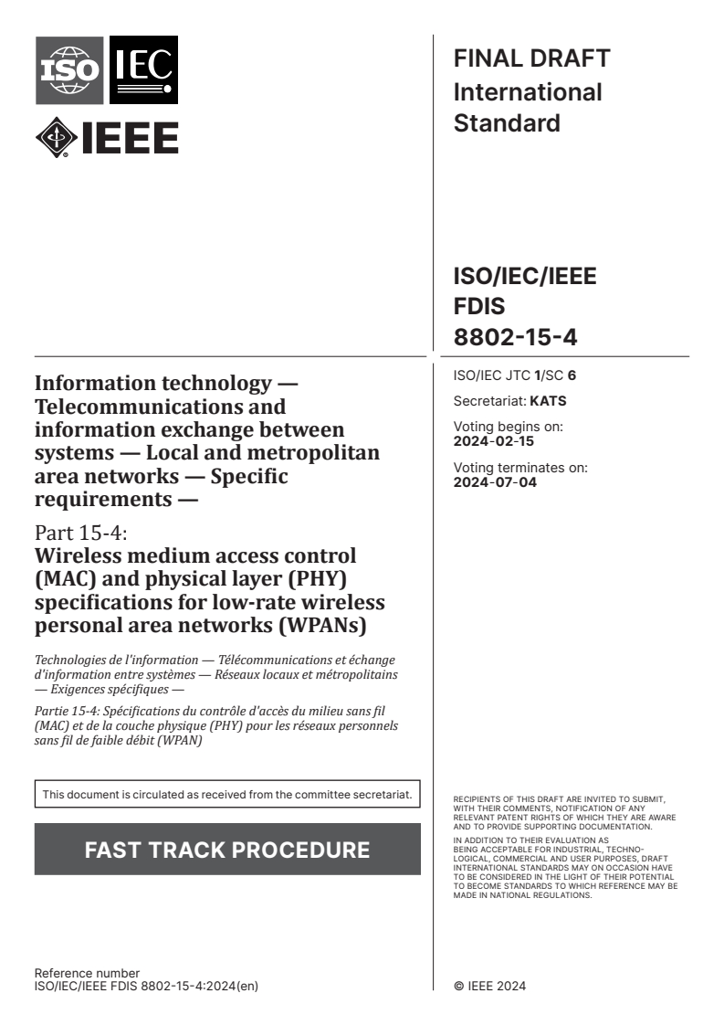 ISO/IEC/IEEE FDIS 8802-15-4 - Information technology — Telecommunications and information exchange