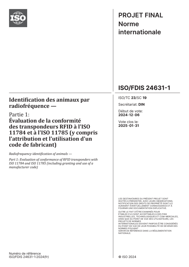 ISO/FDIS 24631-1 - Radiofrequency identification of animals — Part 1 ...