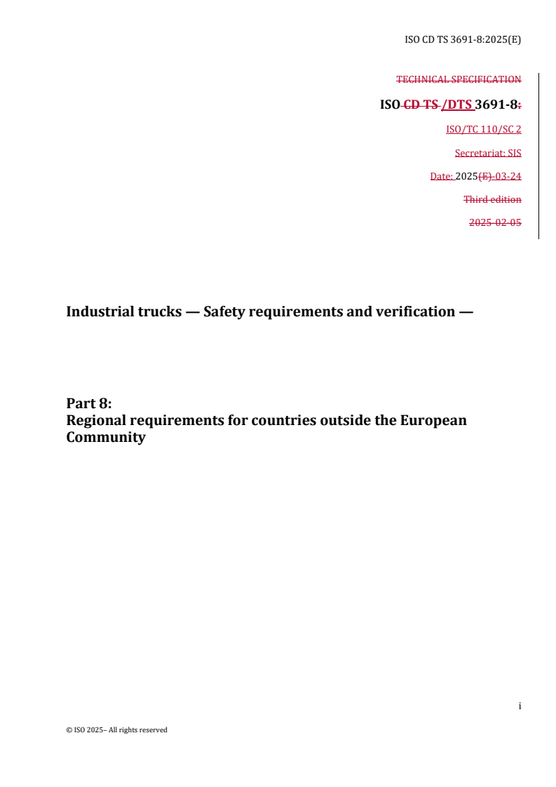 ISO/DTS 3691-8 - Industrial trucks — Safety requirements and verification — Part 8: Regional