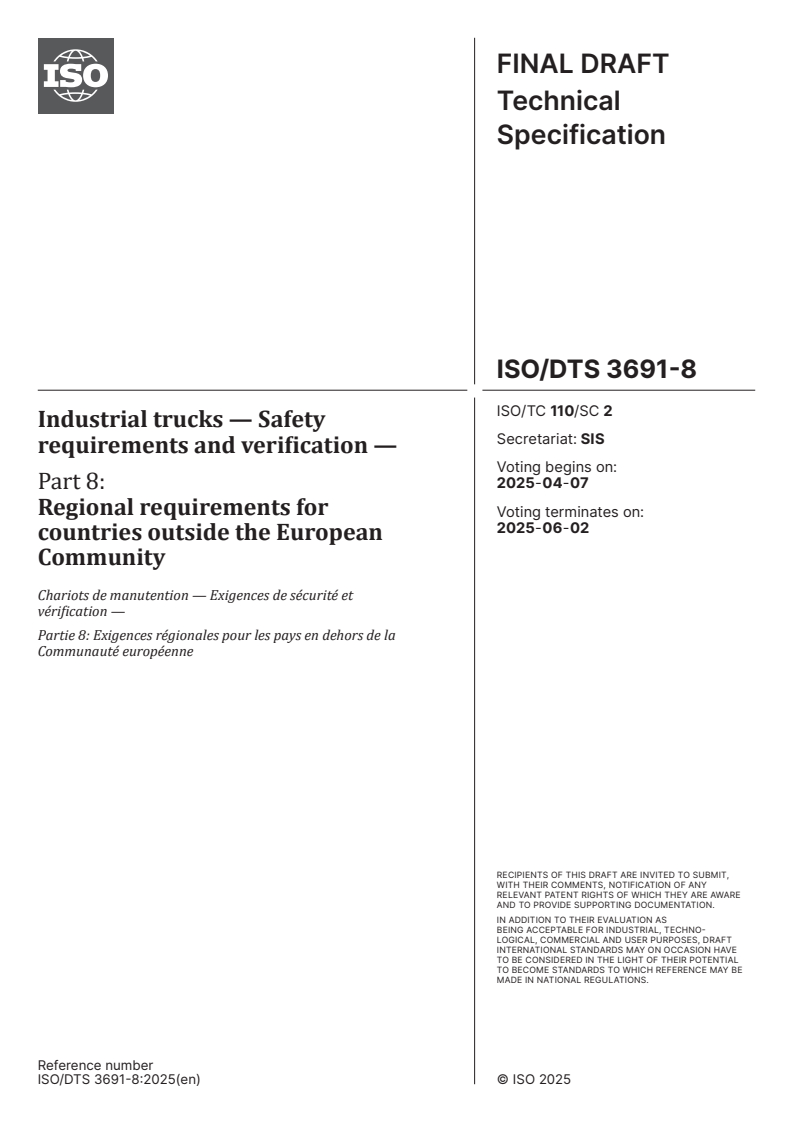 ISO/DTS 3691-8 - Industrial trucks — Safety requirements and verification — Part 8: Regional