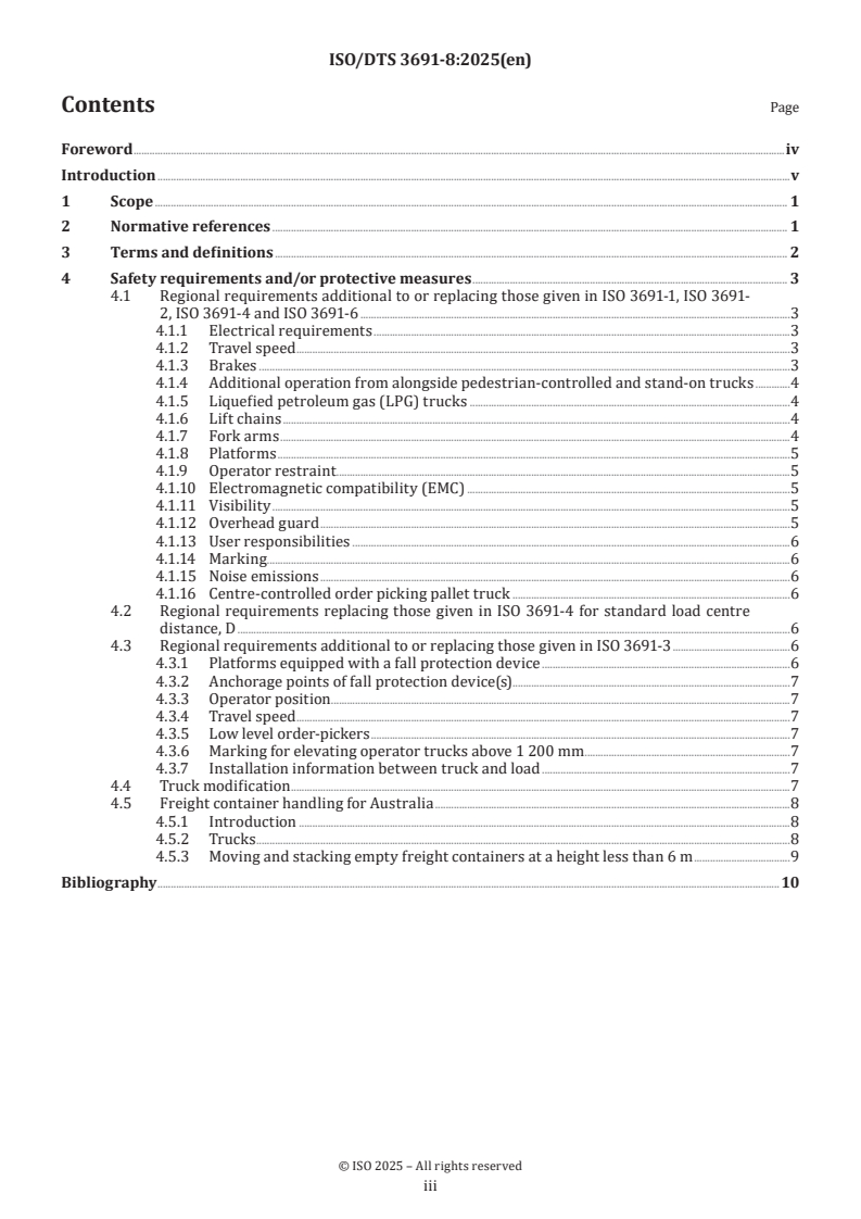 ISO/DTS 3691-8 - Industrial trucks — Safety requirements and verification — Part 8: Regional