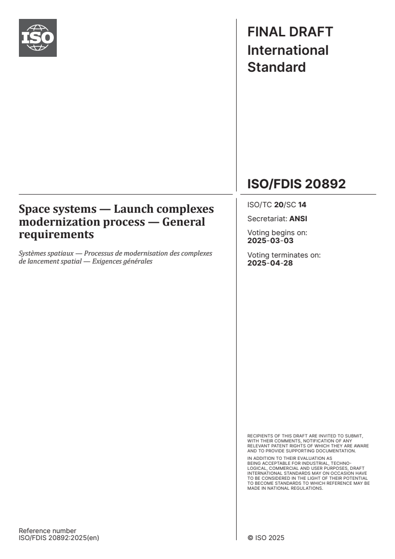 ISO/FDIS 20892 - Space systems — Launch complexes modernization process — General requirements