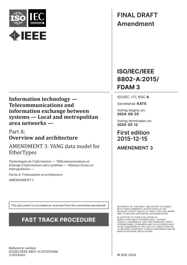 ISO/IEC/IEEE 8802-A:2015/Amd 3 - Information technology — Telecommunications and information