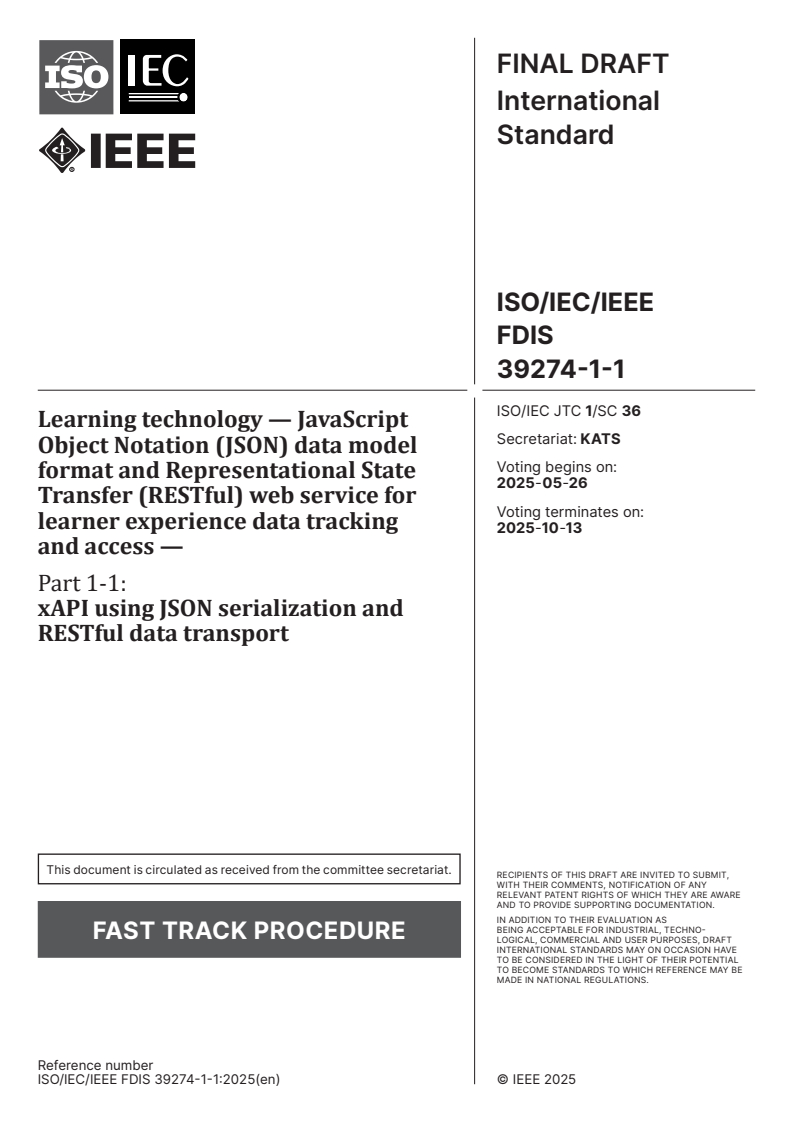 ISO/IEC/IEEE FDIS 39274-1-1 - Learning technology — JavaScript Object Notation (JSON) data model