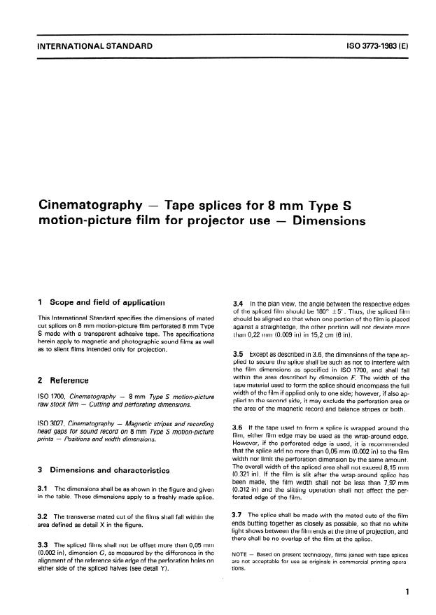 ISO 3773:1983 - Cinematography — Tape splices for 8 mm Type S motion-picture film for projector use