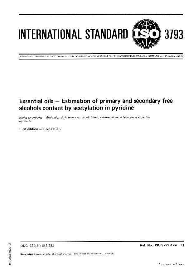 ISO 3793:1976 - Essential oils — Estimation of primary and secondary free alcohols content by