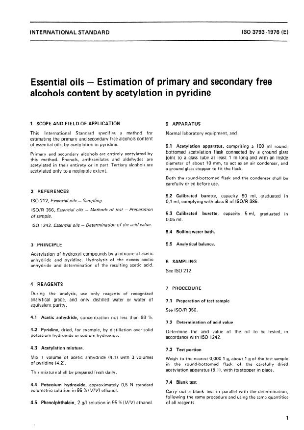 ISO 3793:1976 - Essential oils — Estimation of primary and secondary free alcohols content by