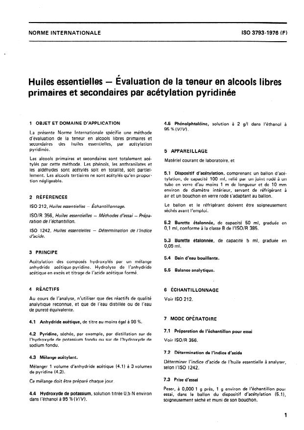 ISO 3793:1976 - Essential oils — Estimation of primary and secondary free alcohols content by