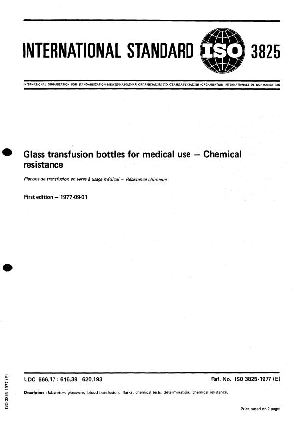 ISO 3825:1977 - Glass transfusion bottles for medical use — Chemical resistance