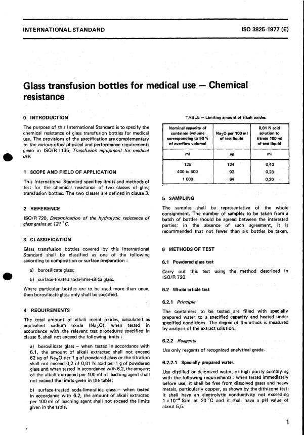 ISO 3825:1977 - Glass transfusion bottles for medical use — Chemical resistance