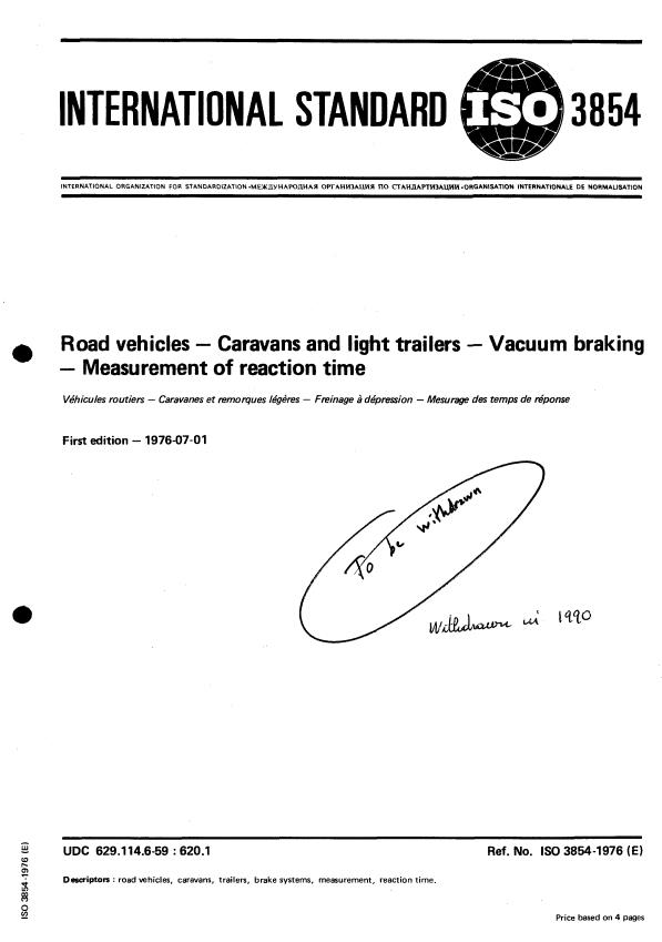 ISO 3854:1976 - Road vehicles — Caravans and light trailers — Vacuum braking — Measurement of