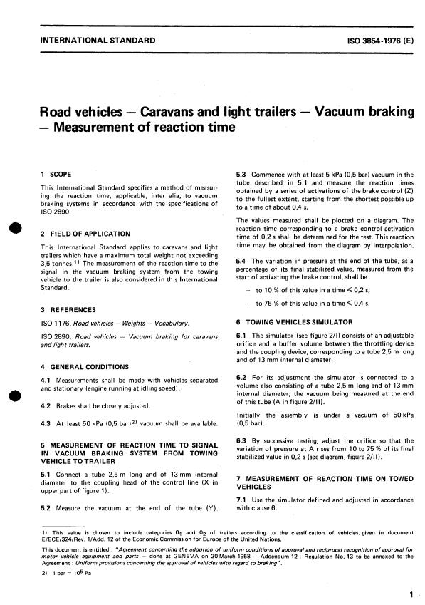 ISO 3854:1976 - Road vehicles — Caravans and light trailers — Vacuum braking — Measurement of