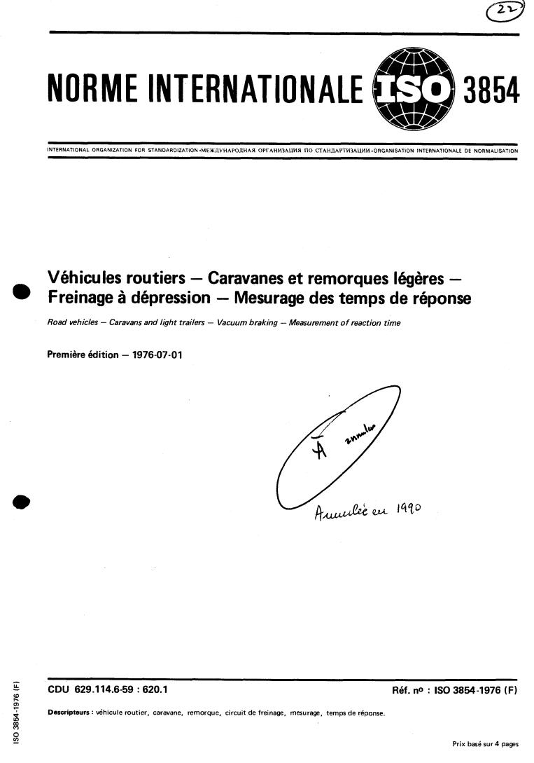 ISO 3854:1976 - Road vehicles — Caravans and light trailers — Vacuum braking — Measurement of