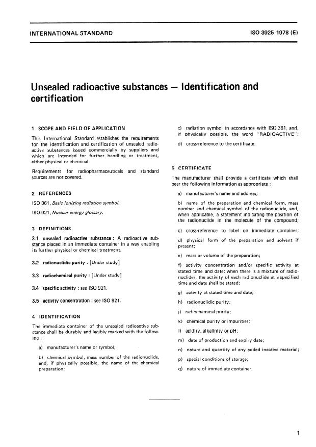 ISO 3925:1978 - Unsealed radioactive substances — Identification and certification