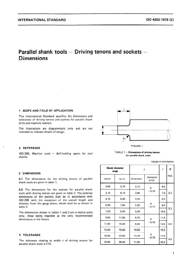 ISO 4203:1978 - Parallel shank tools — Driving tenons and sockets — Dimensions