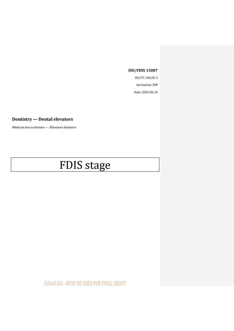 ISO/FDIS 15087 - Dentistry — Dental elevators
