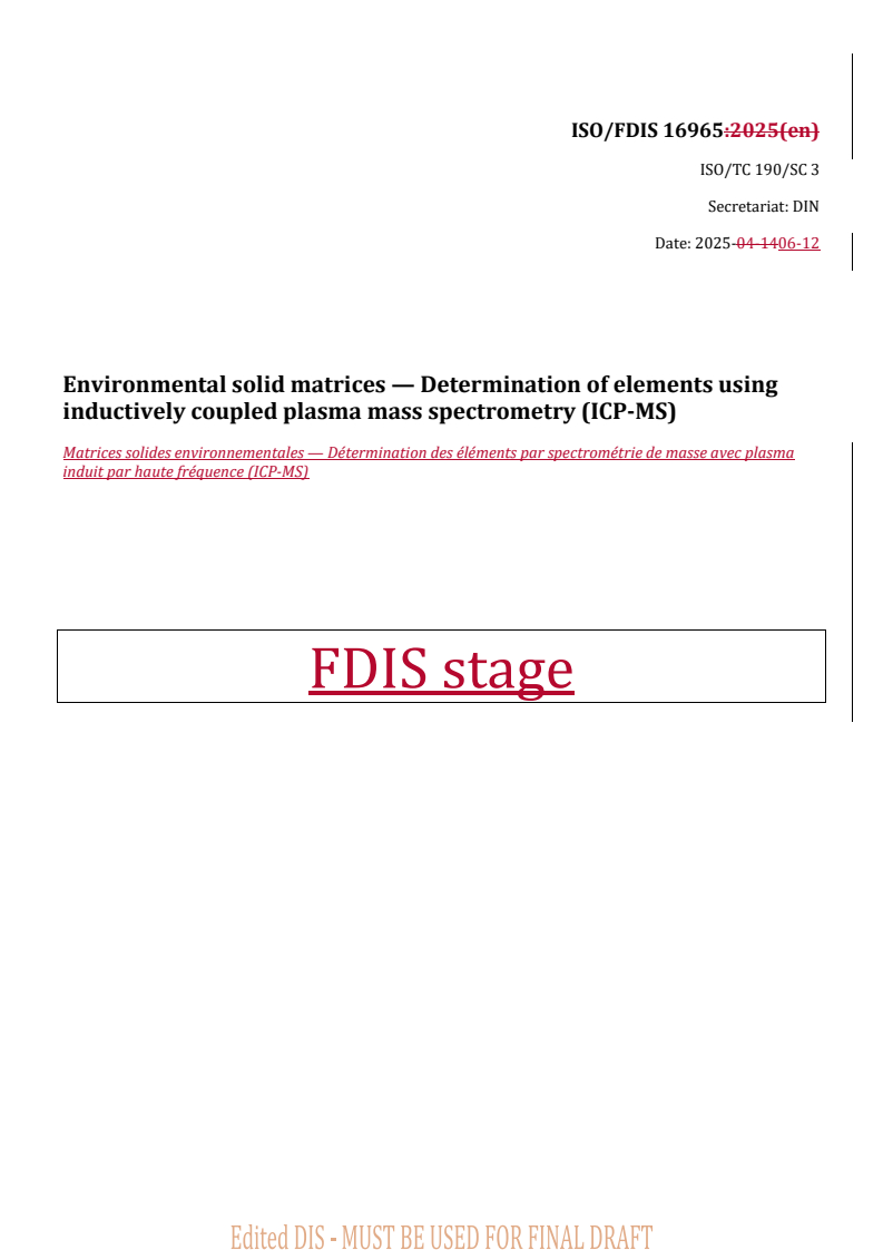 ISO/FDIS 16965 - Environmental solid matrices — Determination of elements using inductively coupled